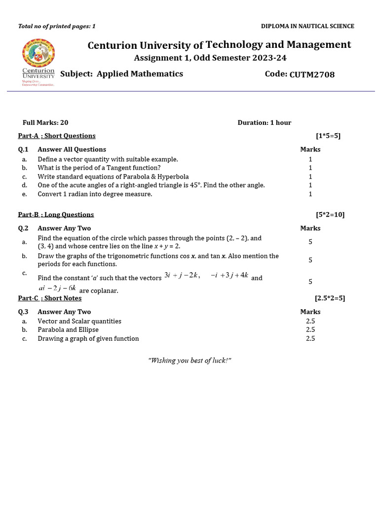 CUTM2708 Applied Mathematics Assingment 1 | PDF | Trigonometric Functions | Mathematical Physics