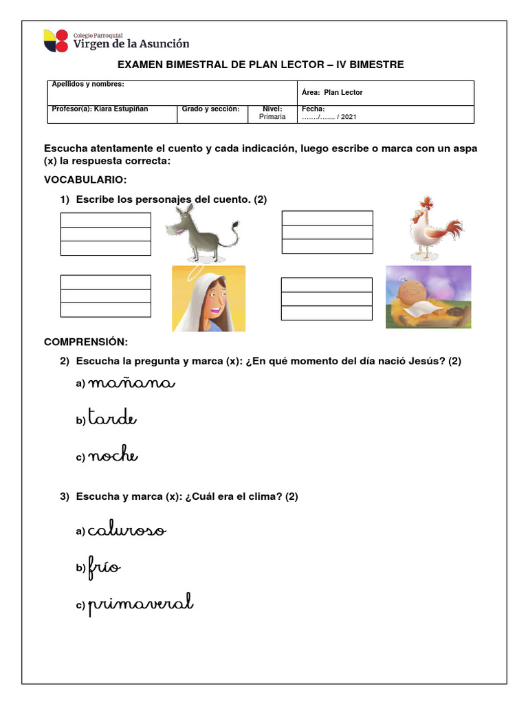 Examen Bimestral Plan Lector | PDF