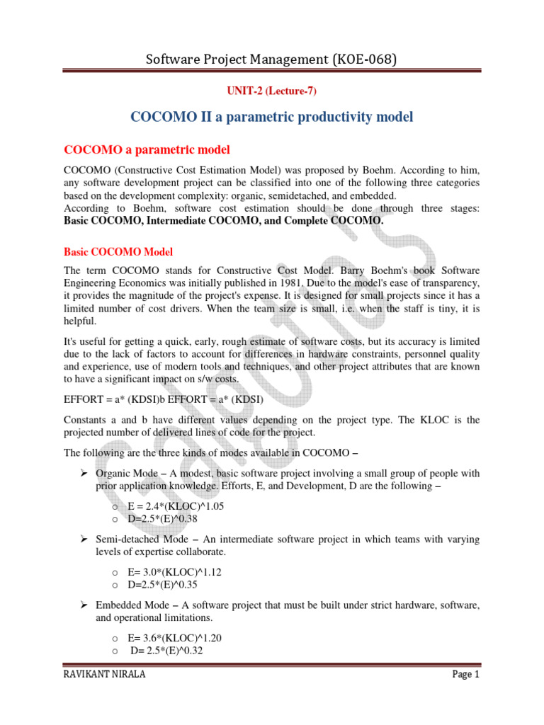 COCOMO II A Parametric Productivity Model: Software Project Management (KOE-068) | PDF | Systems ...