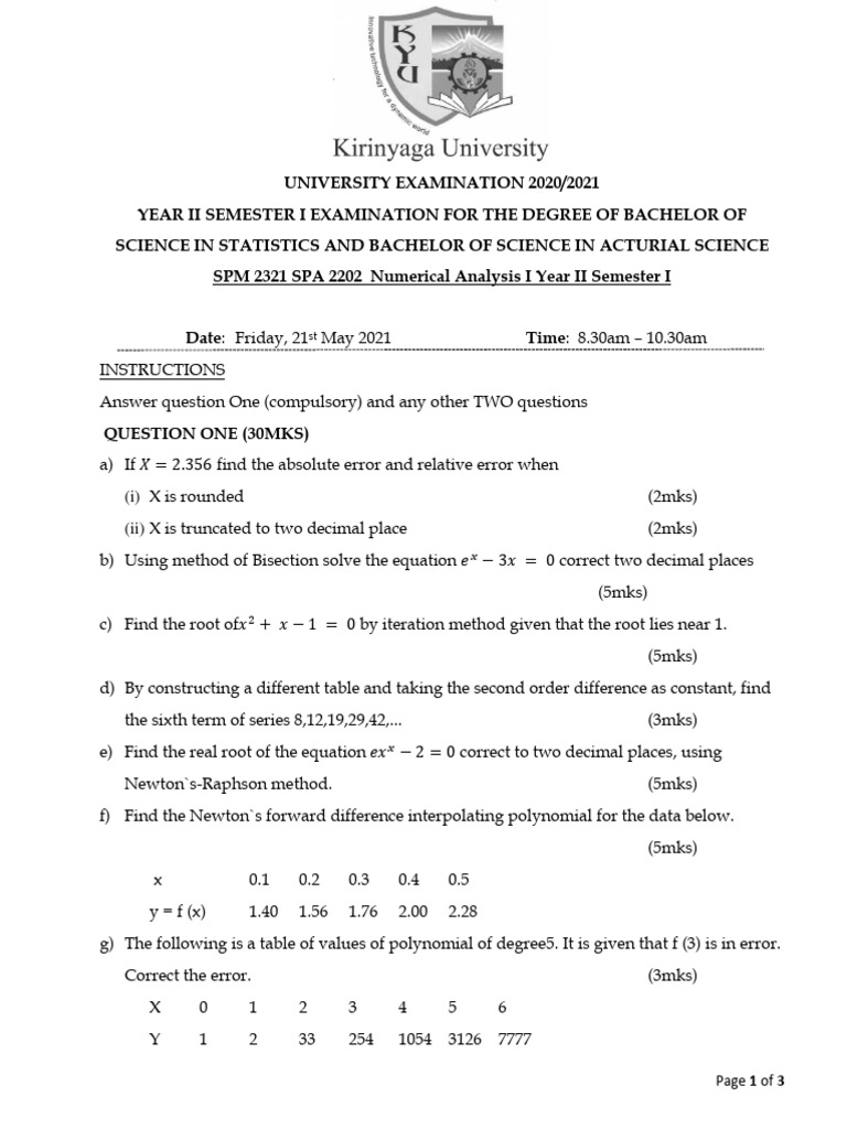 SPM 2321 SPA 2202 Numerical Analysis I Year II Semester I-1 | PDF | Numerical Analysis ...