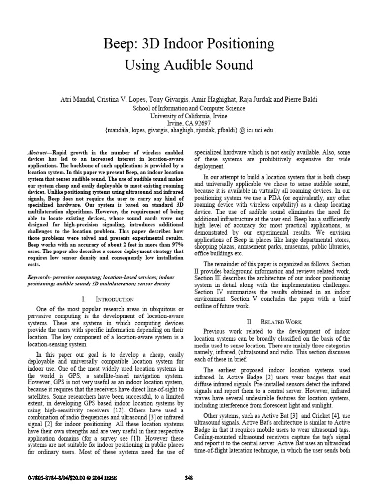 Beep 3d Indoor Positioning Using Audible Sound2004 | PDF | Computer Network | Sphere