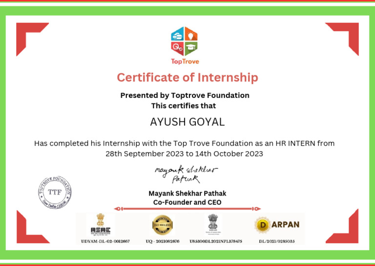 AYUSH Toptrove Internship Certificate | PDF