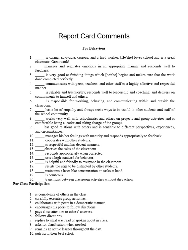 Report Card Comments | PDF | Motivational | Motivation