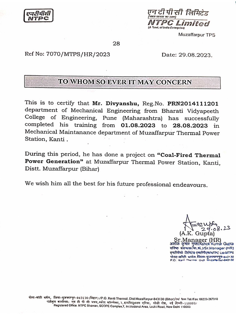 NTPC - Divyanshu Cerificate | PDF