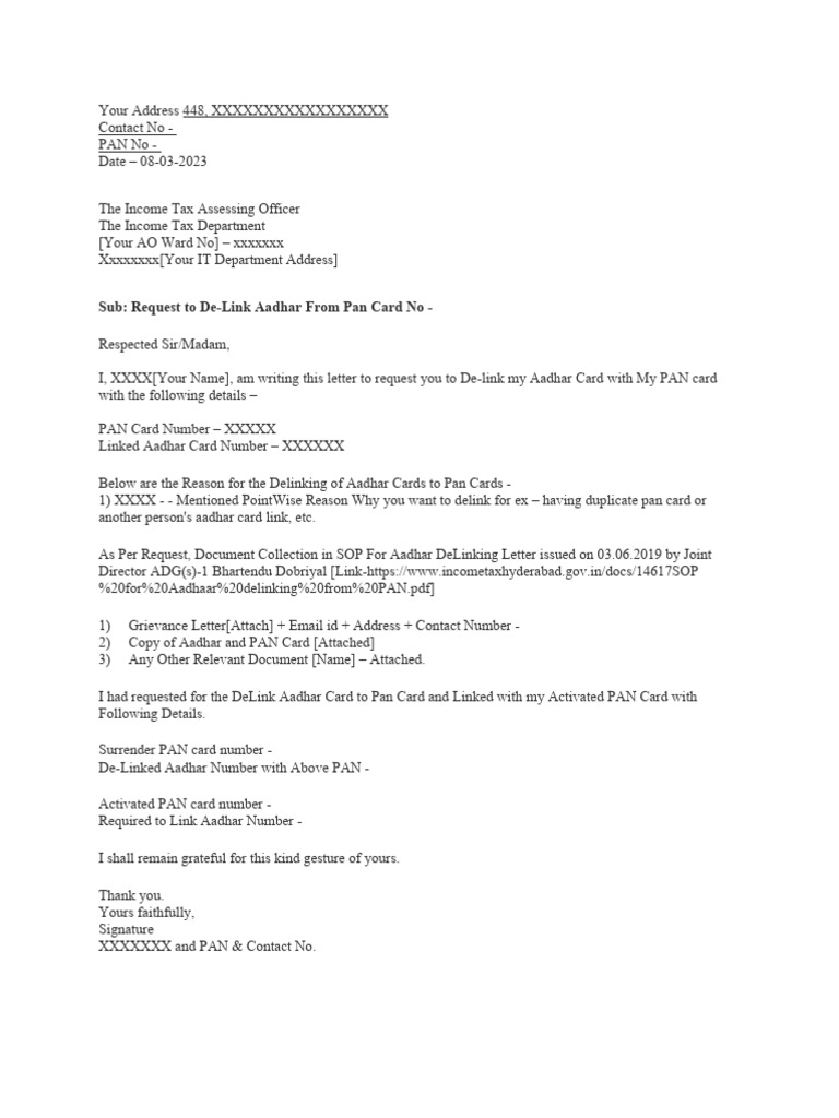 Aadhar-PAN De-Link Request Letter | PDF