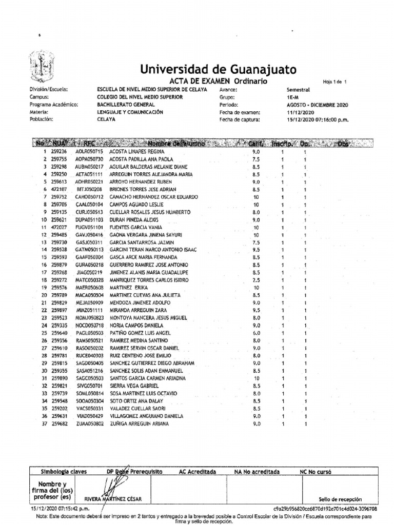 Acta Español 1 Ero Eordinario Scan | PDF