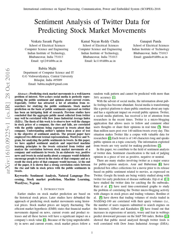 Sentiment Analysis of Twitter Data For Predicting Stock Market Movements | PDF | Statistical ...