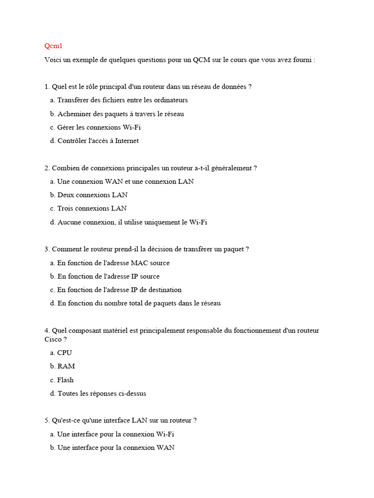 QCM sur les routeurs Cisco et leur fonctionnement | PDF | Protocoles Internet | Adresse IP