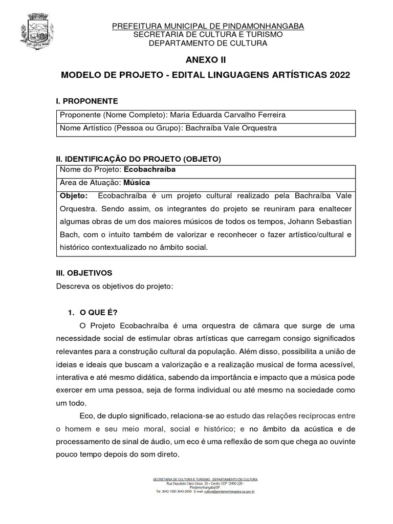 Modelo de Projeto - Edital Linguagens Artísticas 2022 | PDF | Arte