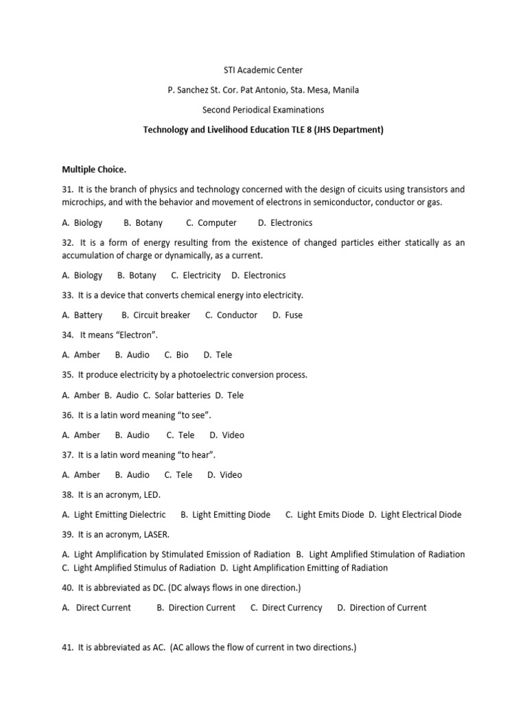 TLE 8 Second Periodical Exam Guide | PDF | Capacitor | Electrical Network