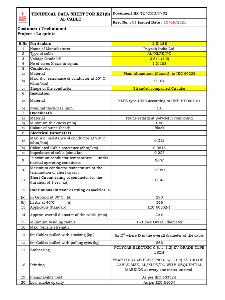 LV Cable - Al - 1C X 185 SQMM - AD8-signed TCM | Download Free PDF | Electrical Conductor ...