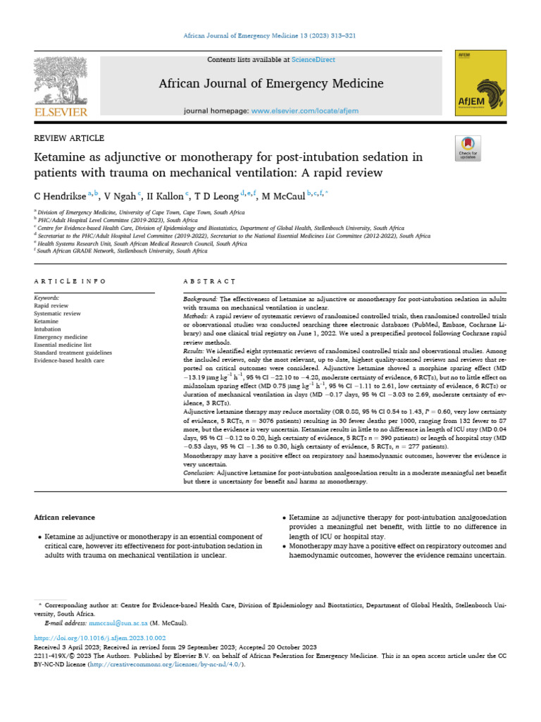 Hendrikse Ketamine Post-Intubationsedation AfrJrEmergMed 2023 | PDF ...