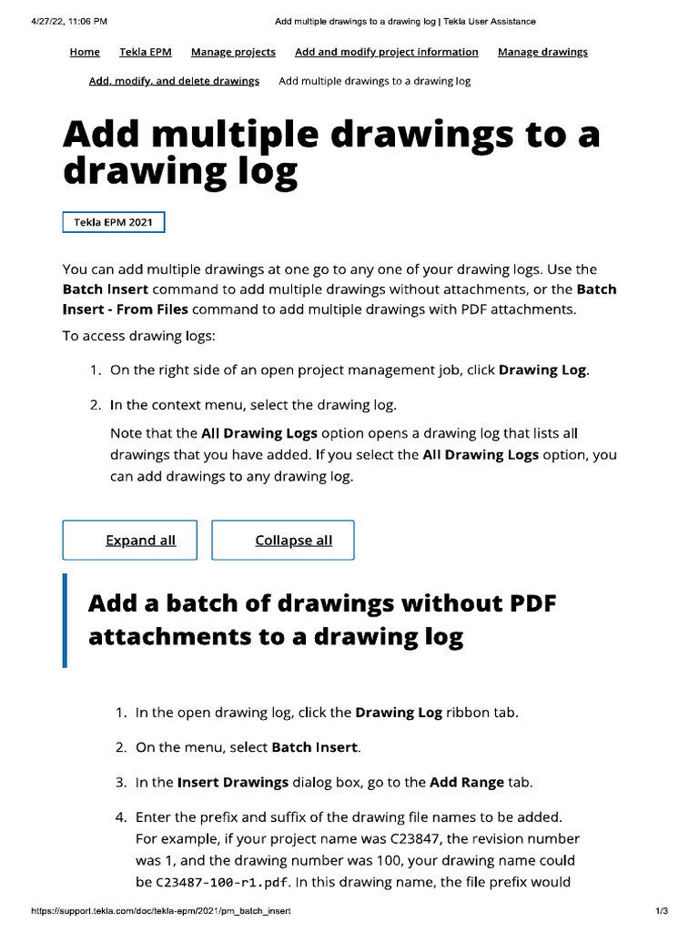 Add Multiple Drawings To A Drawing Log - Tekla User Assistance | PDF
