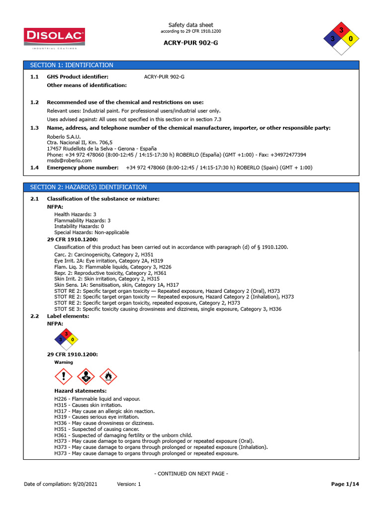 SDS - Paint - ACRY-PUR 902-G | PDF | Toxicity | Chemical Reactions