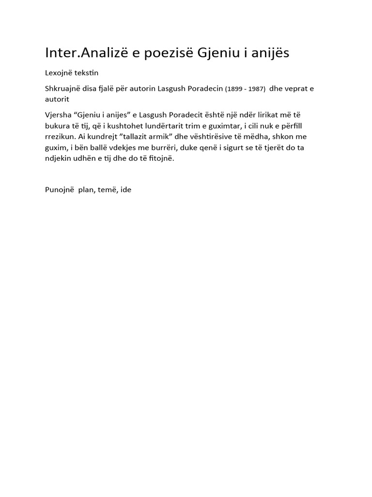 Inter - Analizë e Poezisë Gjeniu I Anijës | PDF