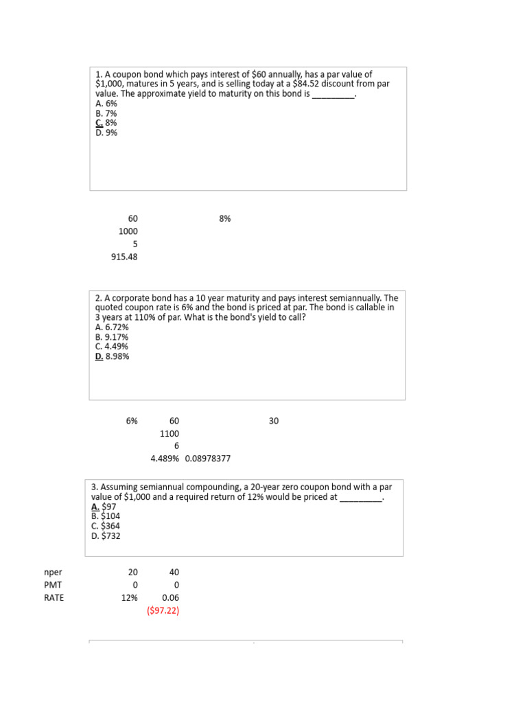 Class Exercise FINC 2101 Fall 2023 Bonds Questions +solution | PDF ...