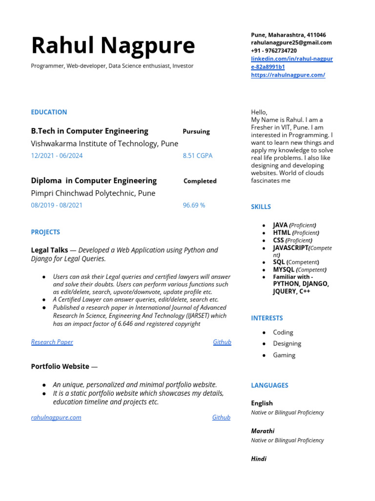 Rahul Nagpure B Tech In Computer Engineering Pdf Websites Java