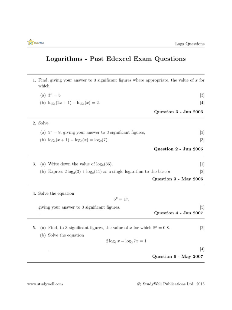 Logarithms - Past Edexcel Exam Questions | PDF | Applied Mathematics ...