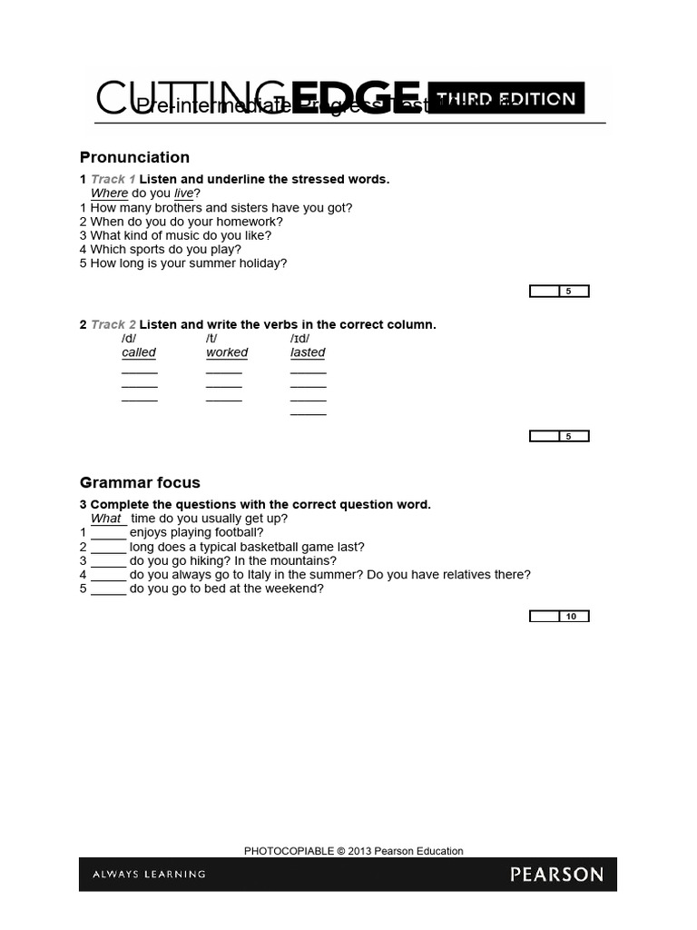 Pre-Intermediate Progress Test 1A: Units 1-2: Pronunciation | PDF ...
