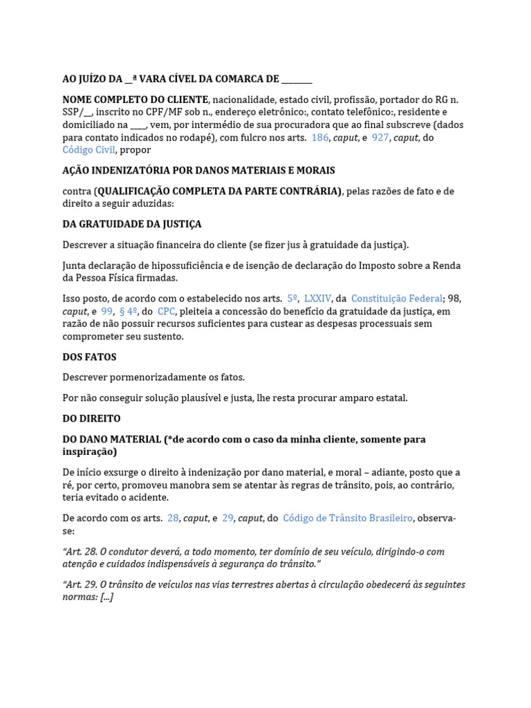 Modelo Acao Indenizatoria Por Danos Materiais e Morais Acidente de ...