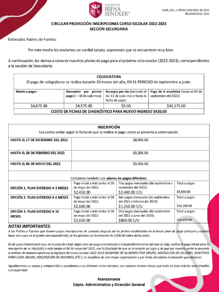 024 Circular Promoción Costos Secundaria Ciclo 2022-2023 | PDF