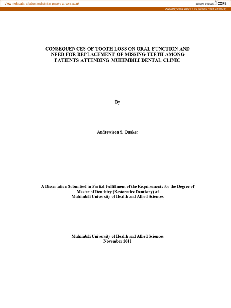 Consequen Ces of Tooth Loss On Oral Function and Need For Rep Lacement ...
