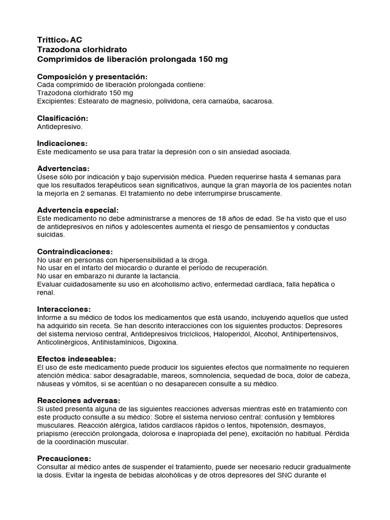 Uso y precauciones del Trittico 150 mg | PDF | Antidepresivo ...