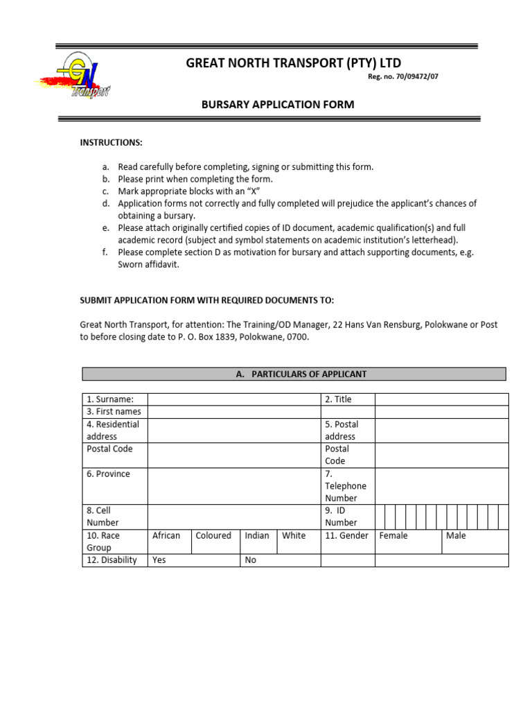 Great North Transport Bursary Form | PDF
