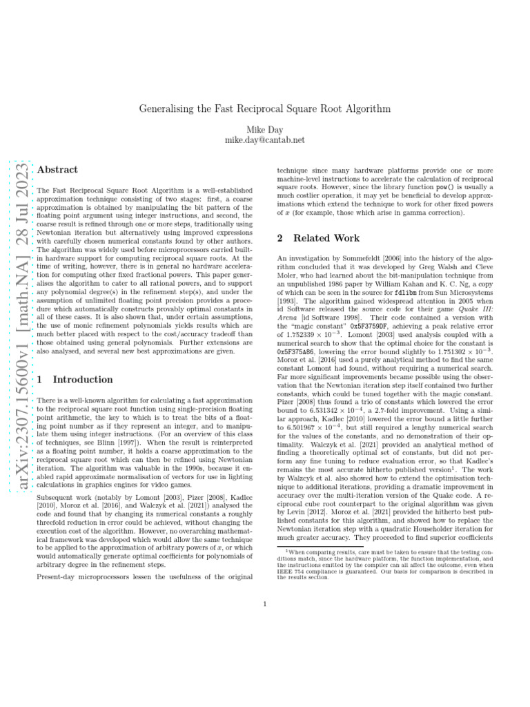 Generalising The Fast Reciprocal Square Root Algorithm: Mike Day | PDF | Numbers | Mathematical ...