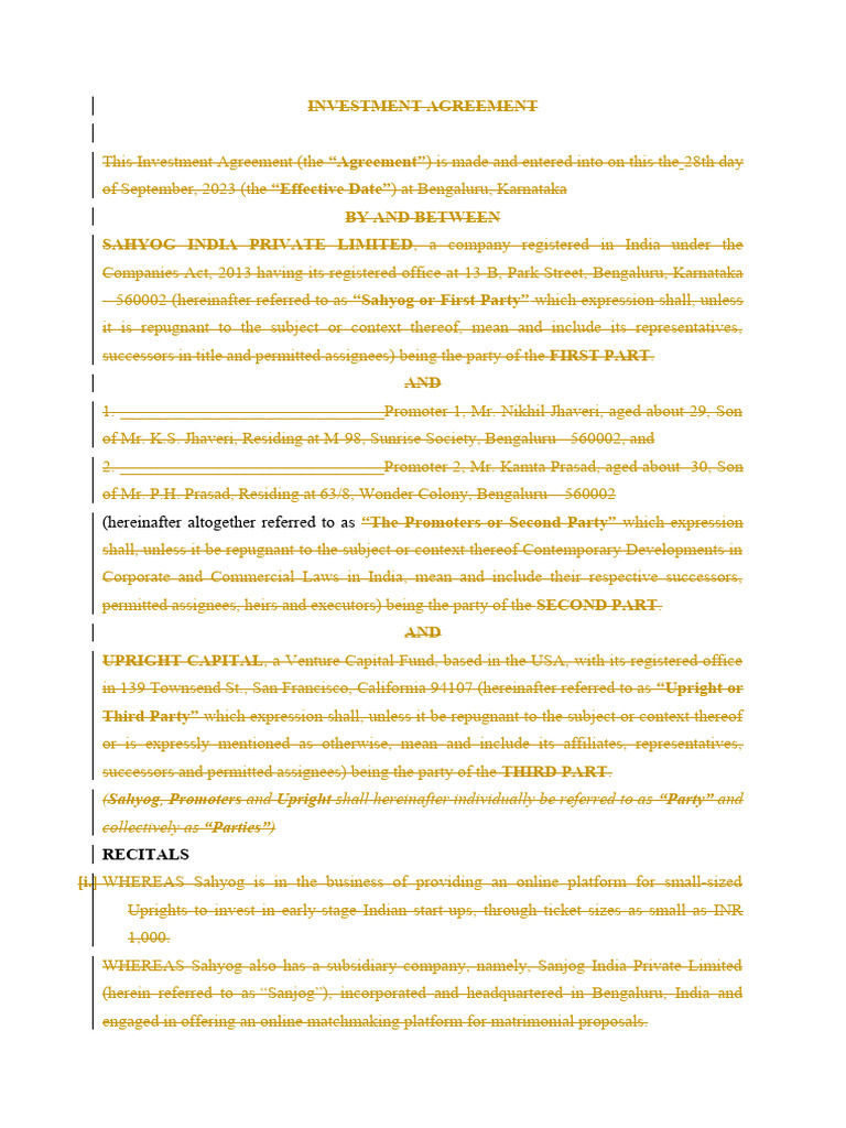 Final Investment Agreement | PDF | Non Disclosure Agreement | Non Bank ...