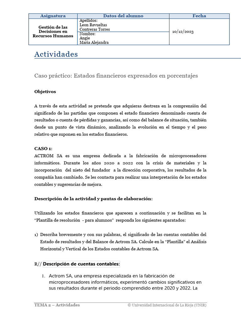 CASO 1 - ACTROM SA Estados Financieros Expresados en Porcentajes 2023 1 | PDF | Business ...