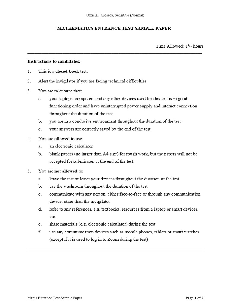 Mathematics Entrance Test Sample Paper | PDF | Numbers | Mathematics