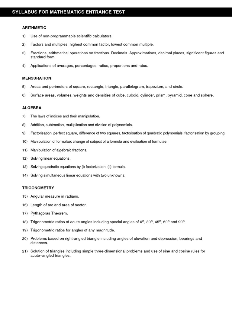 Mathematics Entrance Test Syllabus | PDF | Area | Quadratic Equation