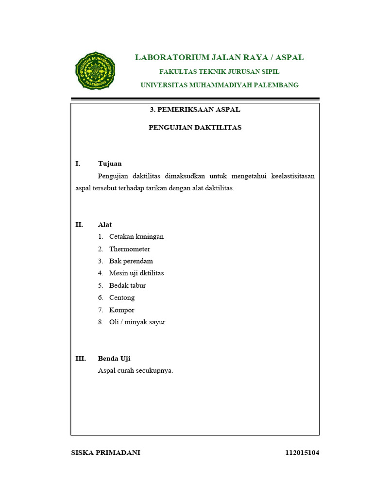 Pengujian Daktilitas Aspal Laboratorium | PDF