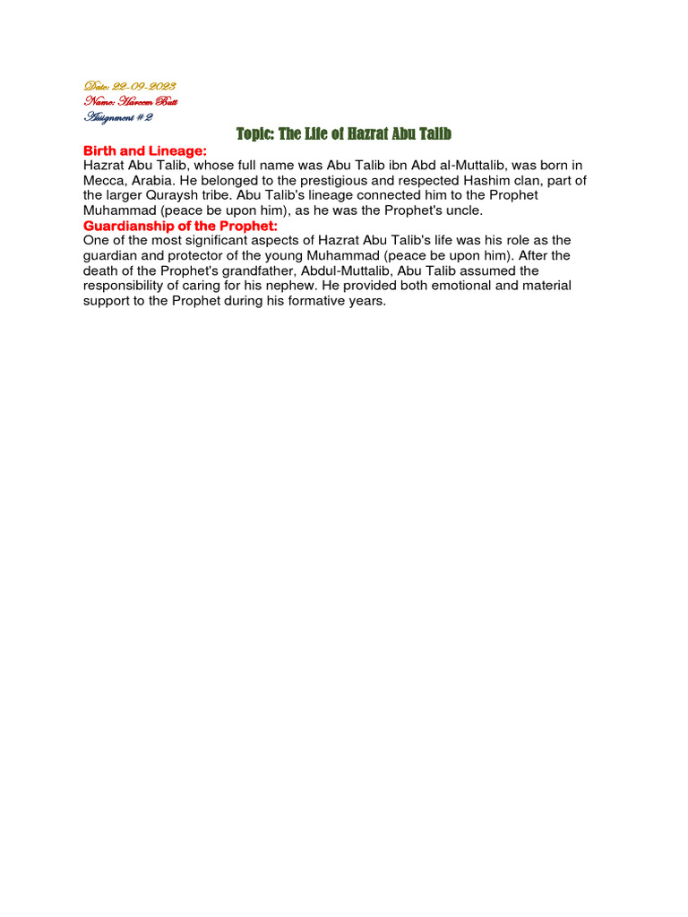Topic: The Life of Hazrat Abu Talib: Birth and Lineage | PDF | History ...