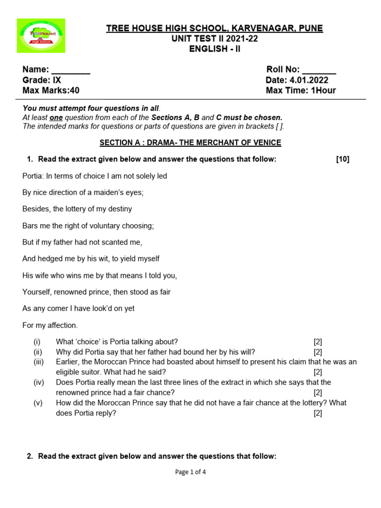 Grade 9 English Literature UT 2 Subjective Paper | PDF