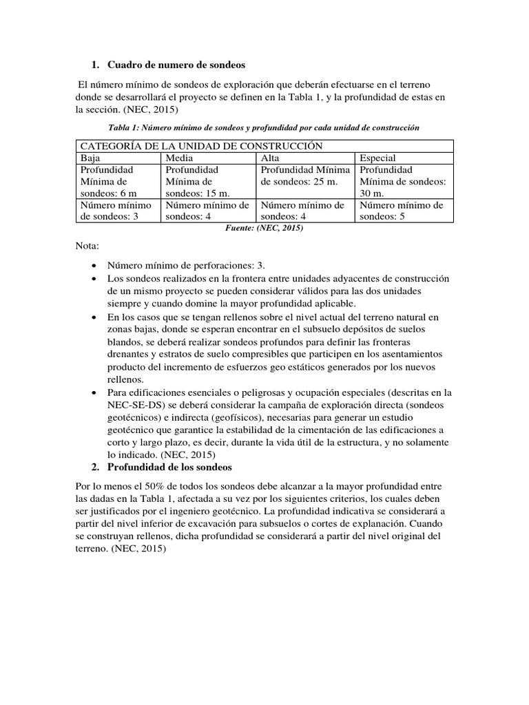 Cuadro de Numero de Sondeos: Tabla 1: Número Mínimo de Sondeos y Profundidad Por Cada Unidad de ...