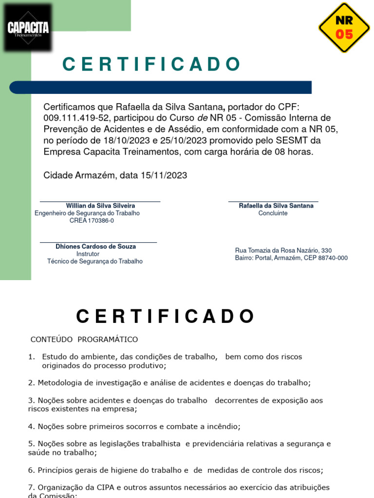 Certificado de Treinamento de NR 05 Rafaella | PDF
