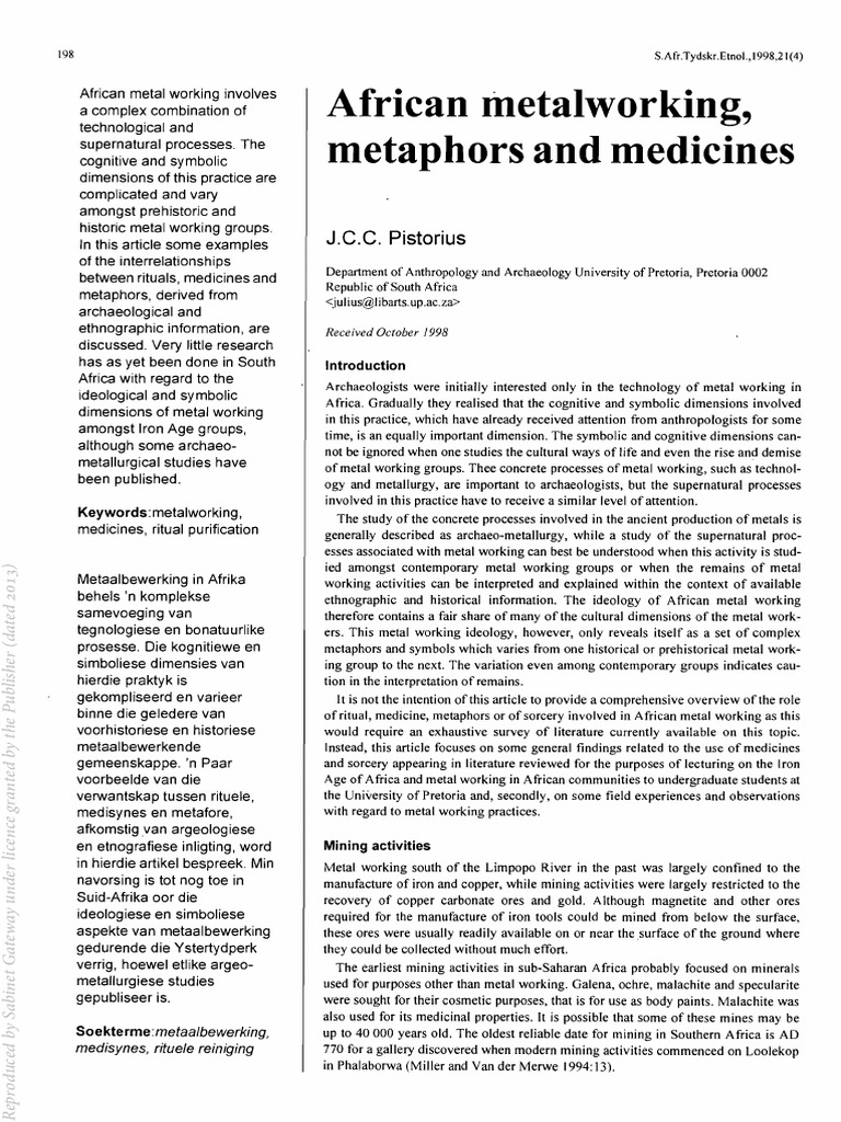 Pistorius 1998 African Metalworking Metaphors and Medicines | PDF ...
