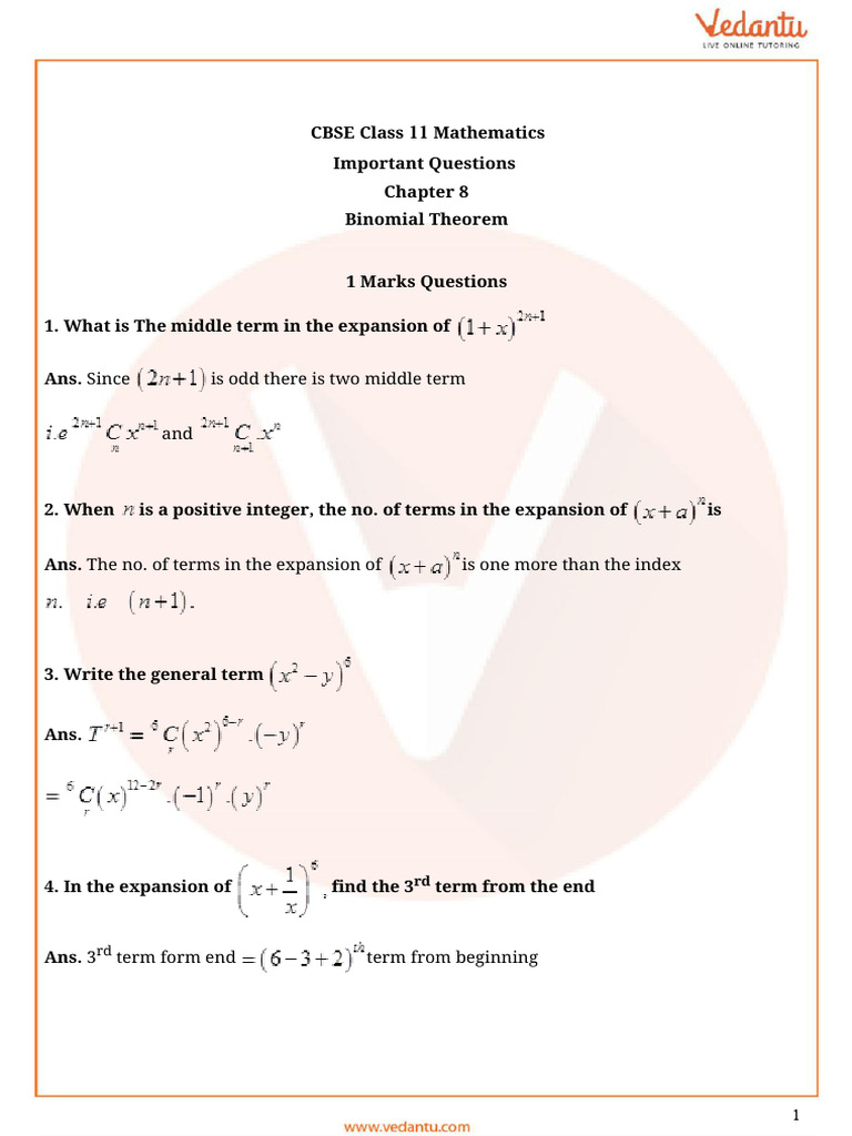 Binomial Theorem Important Questions 2023-24 | PDF | Combinatorics | Mathematical Objects