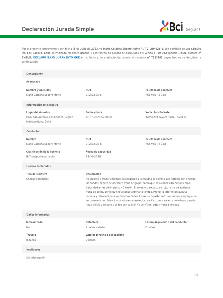 Declaracion Jurada Simple Asegurado | PDF | Póliza de seguros | Seguro