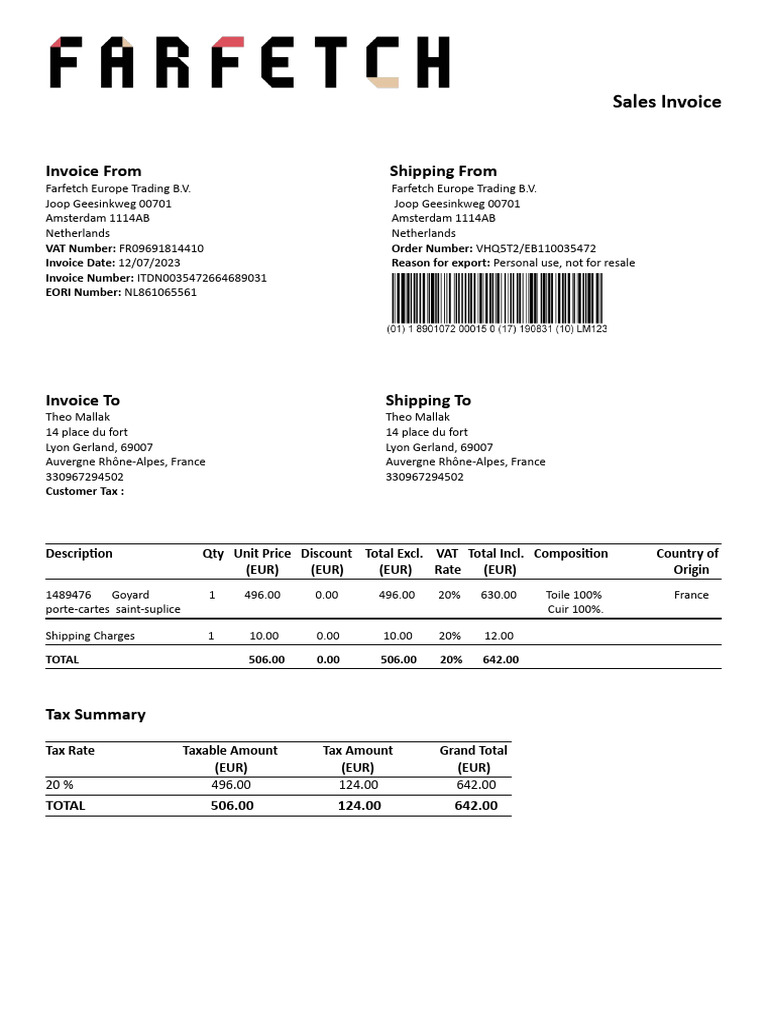 Facture Farfetch Porte Carte Goyard | PDF