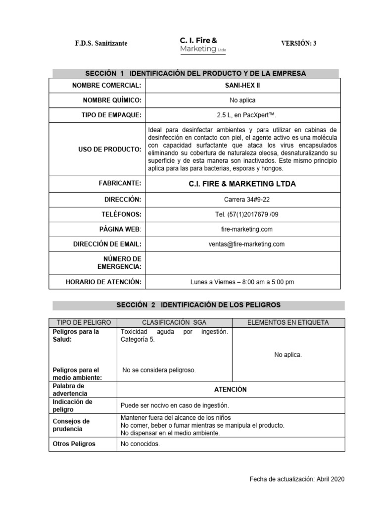 F.D.S. SanitizanteII | PDF | Agua | Reciclaje