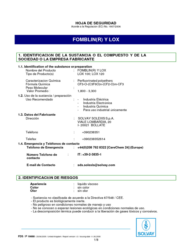 Msds SPN Fomblin Ylox | PDF | Agua | Solubilidad