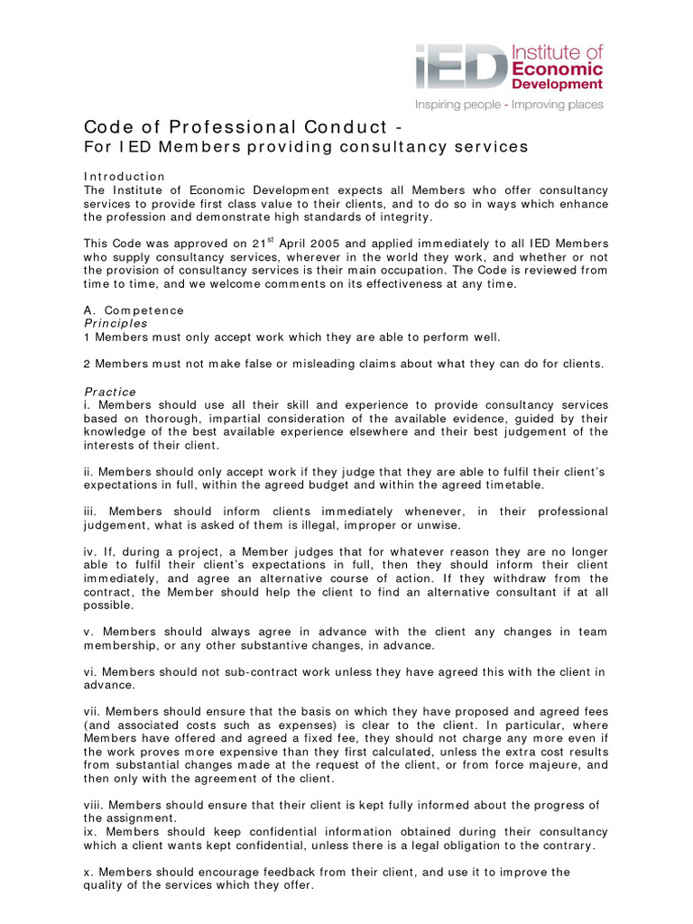 IED Consultancy Code of Conduct | PDF | Conflict Of Interest | Consultant