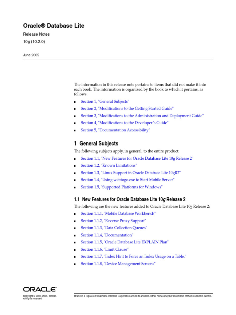 Oracle® Database Lite: Release Notes 10g (10.2.0) | PDF | Microsoft ...