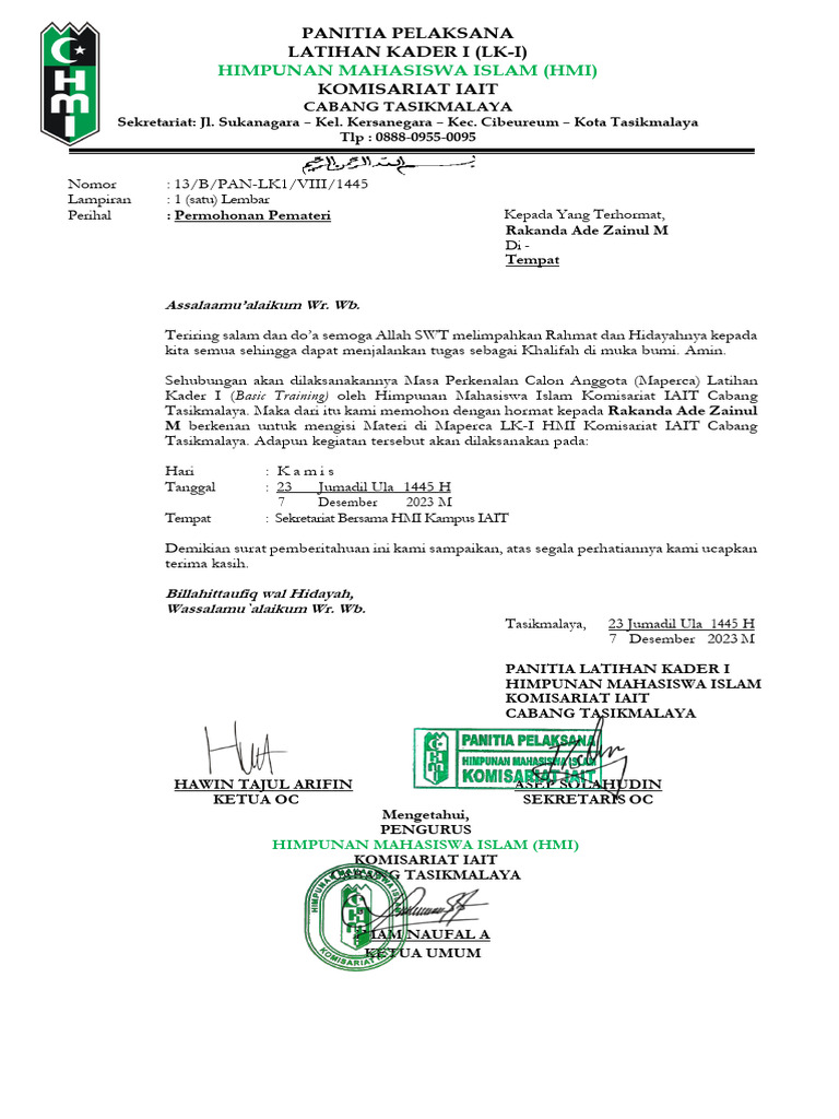 13-Surat Permohonan Pemateri Rakanda Ade Zainul M | PDF