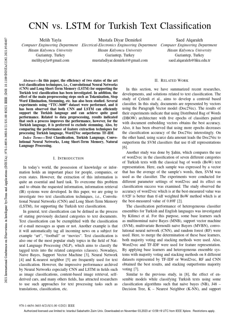 Cnn Vs Lstm For Turkish Text Classification Pdf Artificial Neural Network Support Vector