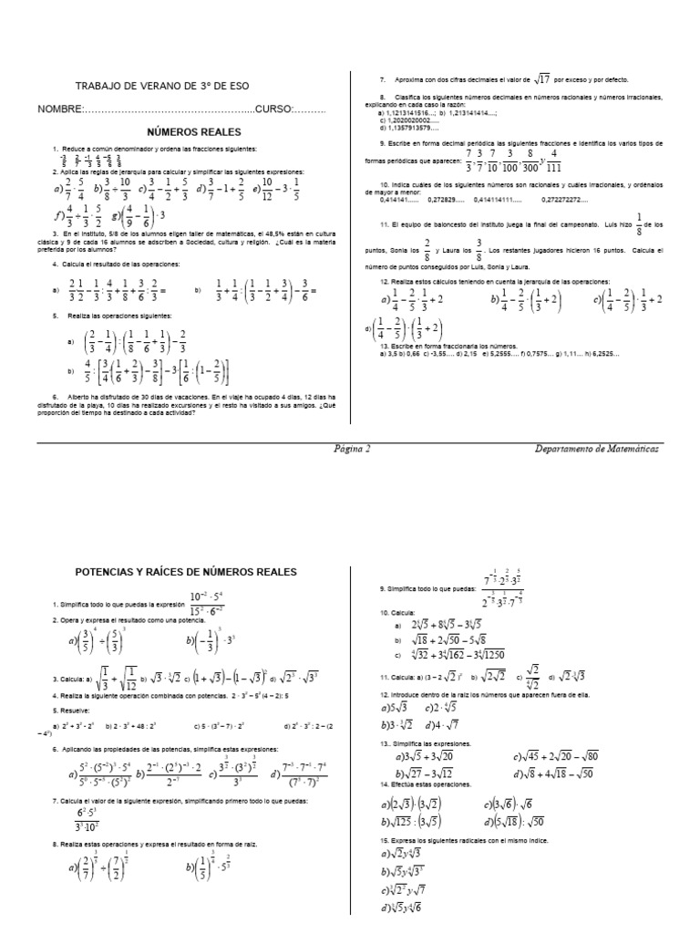Ejercicios de Matemáticas 3º ESO: Números Reales y Progresiones | PDF | Pendiente | Sistema de ...
