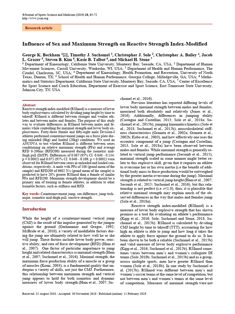 Influence Of Sex And Maximum Strength On Reactive Strength Index